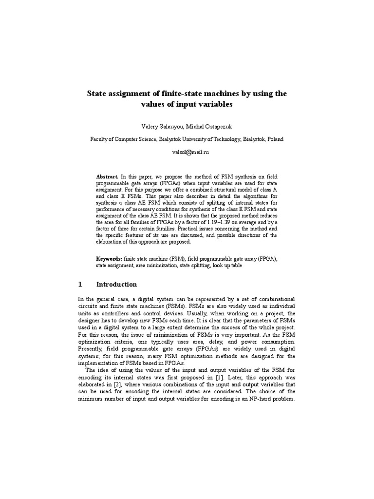 State Assignment of Finite-State Machines by Using The Values of Input Variables | PDF | Field ...