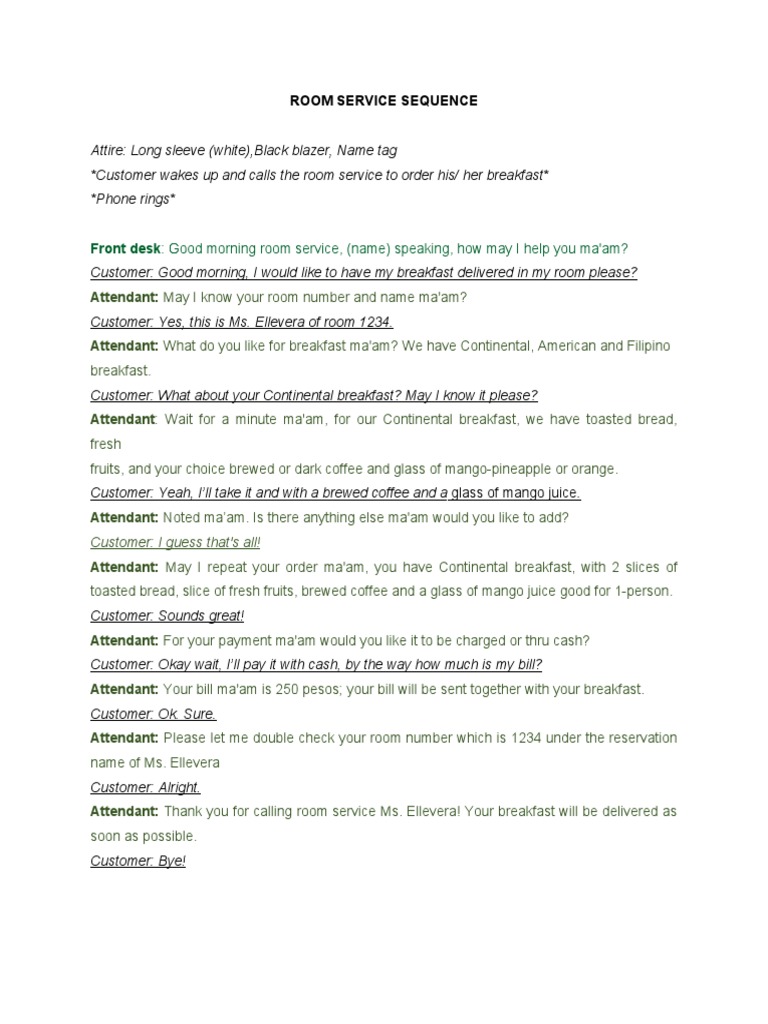 Room Service Sequence (Print) | PDF | Nutrition | Diet & Nutrition