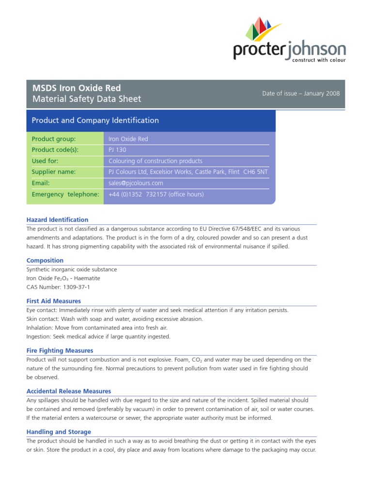 MSDS Iron Oxide Red PJ130 | PDF | Water | Chemistry