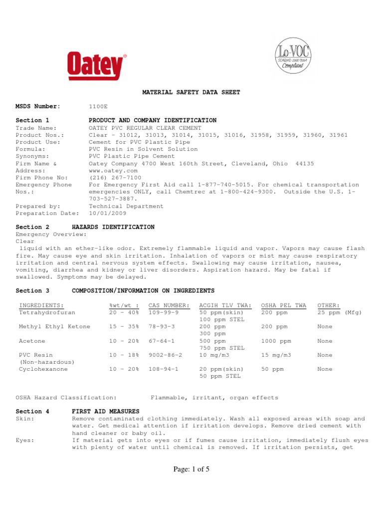 Oatey PVC Regular Clear Cement | PDF | Volatile Organic Compound ...
