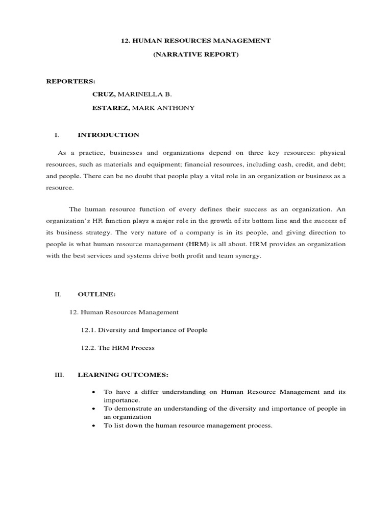 Human Resources Management (Narrative Report) : Outline | PDF | Human ...