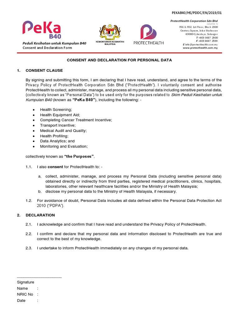 PeKa B40 Personal Data Consent Form - EN - 201901 | PDF | Consent | Health Care