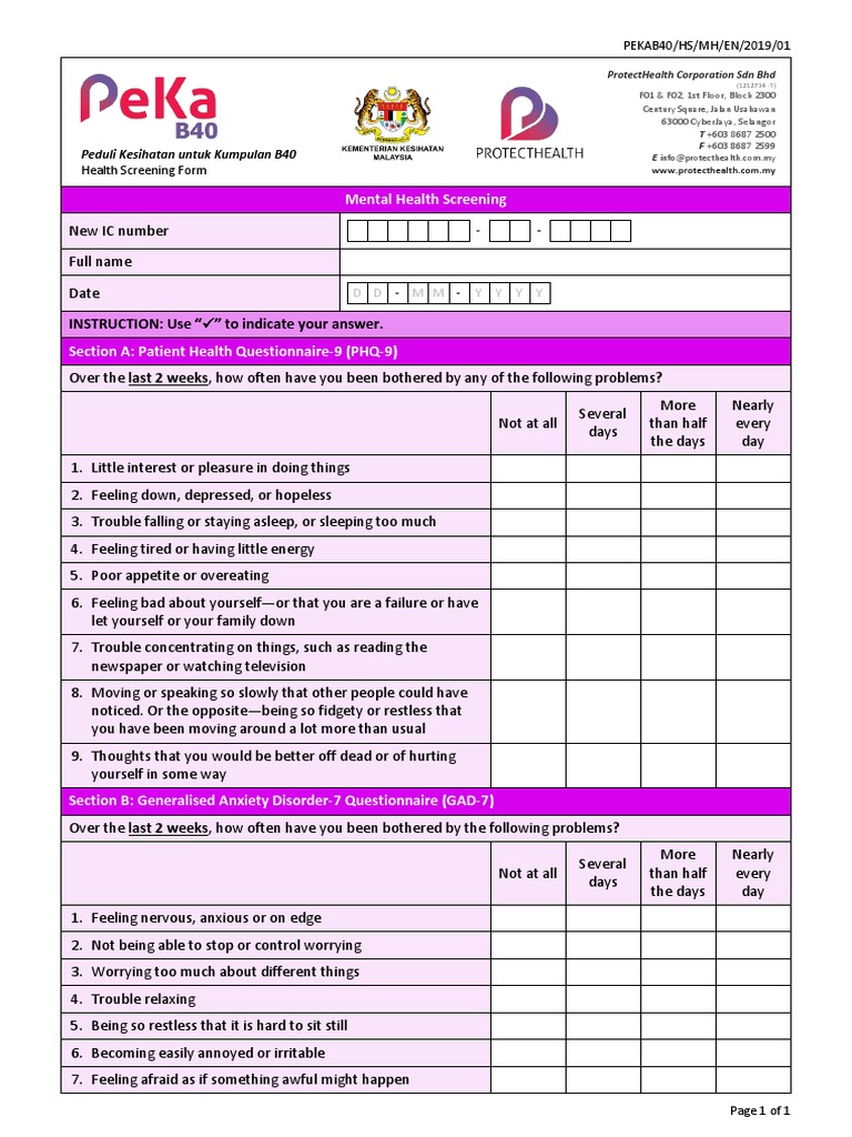 PeKa B40 Health Screening Form 2 - Mental Health Screening - EN - 201901 | PDF | Mental Health ...