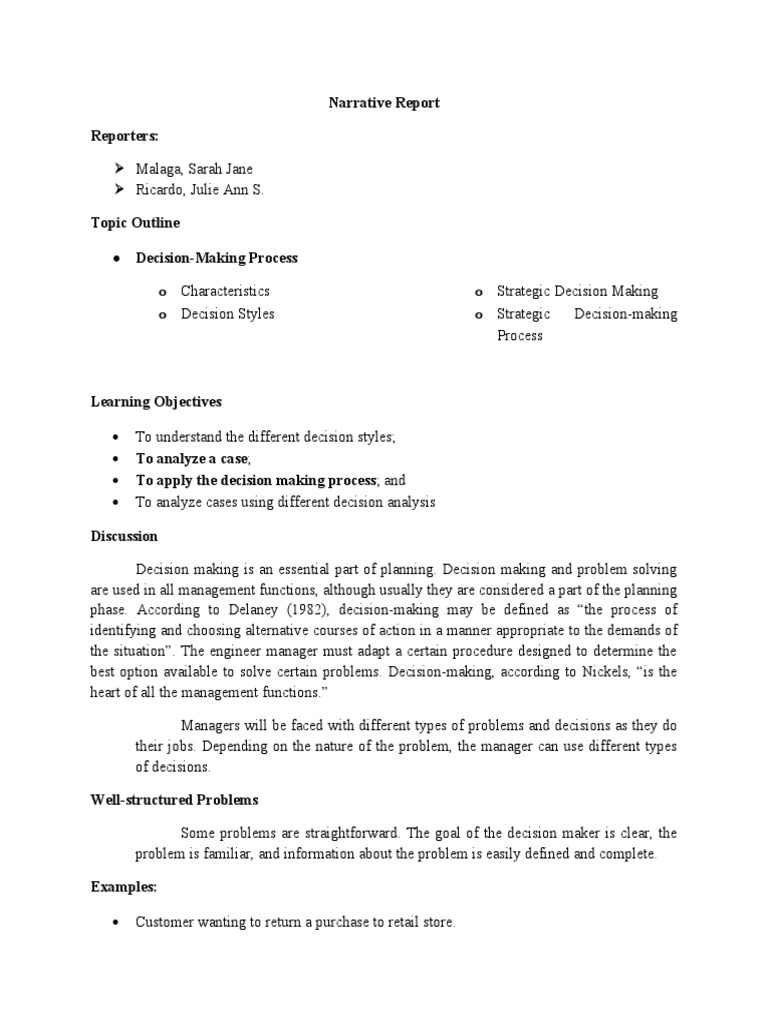 Narrative Report Decision Making Process | PDF | Decision Making | Goal
