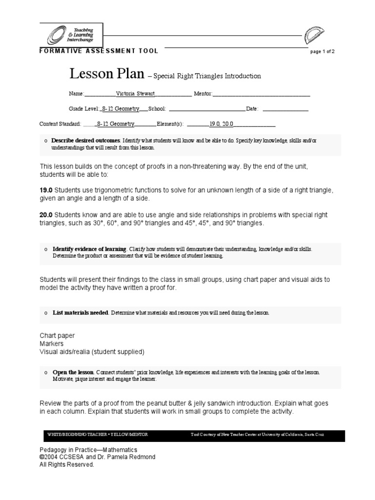 Lesson Plan: - Special Right Triangles Introduction | PDF | Learning ...