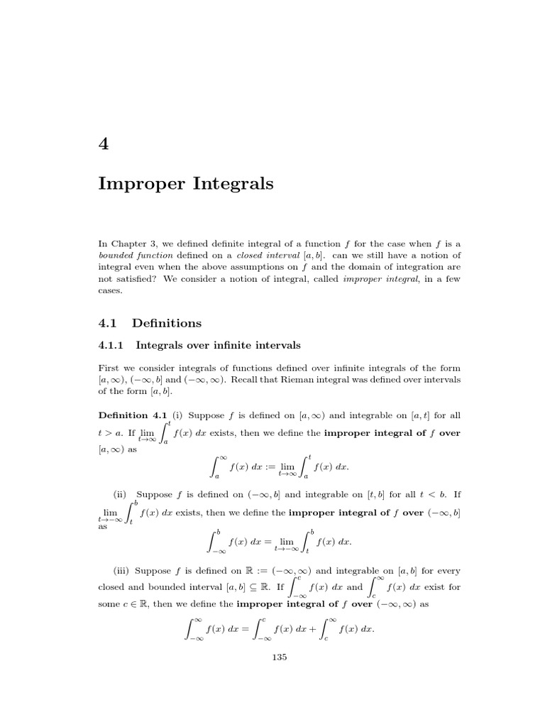 4 Improper Integrals: 4.1 Definitions | PDF | Integral | Calculus