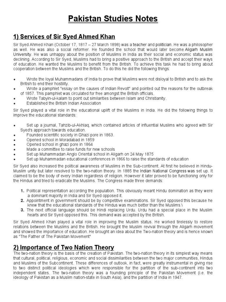 Pakistan Studies Notes | PDF | Two Nation Theory | All India Muslim League