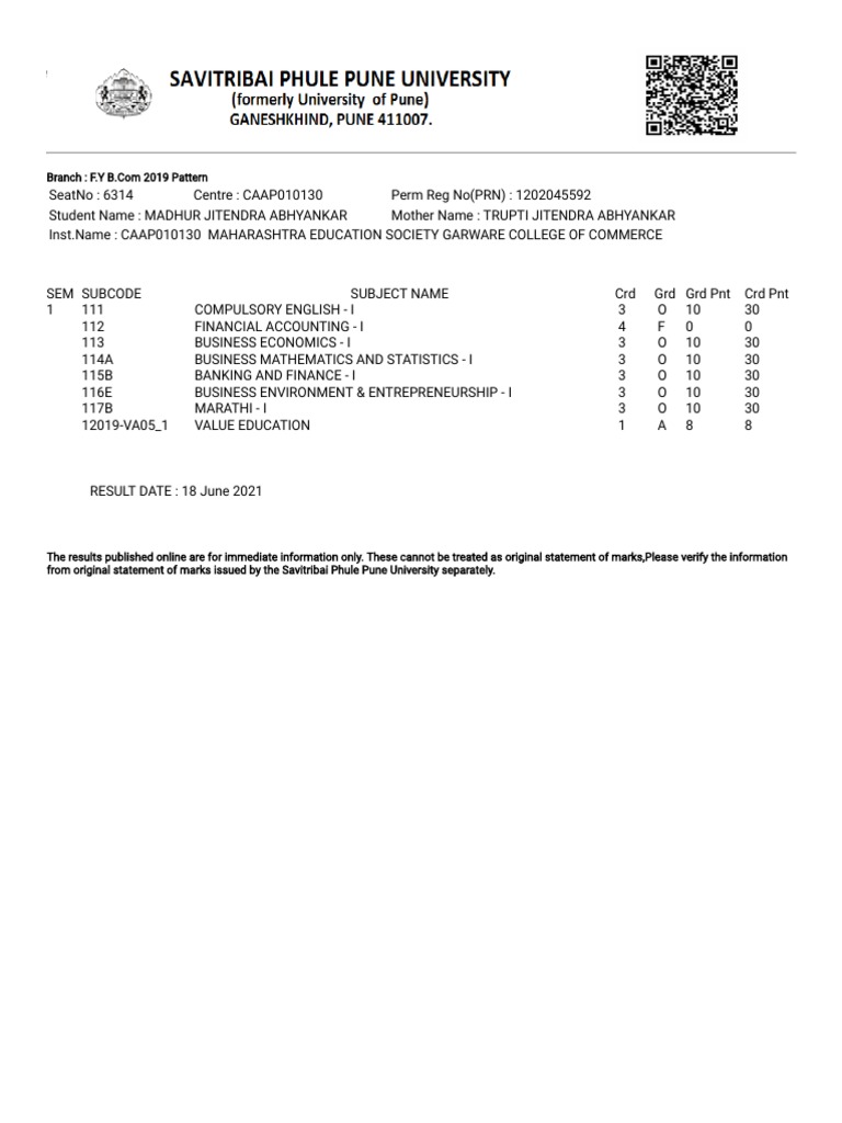 Savitribai Phule Pune University, Online Result | PDF