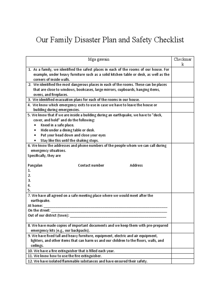 Our Family Disaster Plan and Safety Checklist: Mga Gawain Checkmar K ...