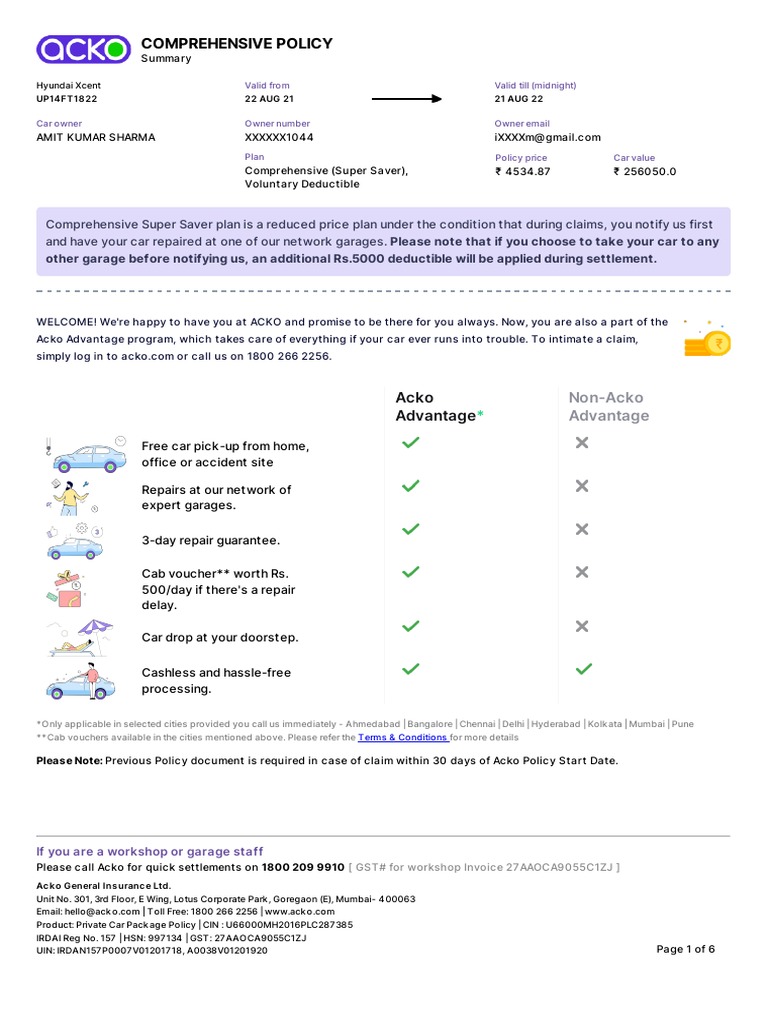 Acko Car Policy - DCAR00417270934 - 00 | PDF | Insurance | Deductible