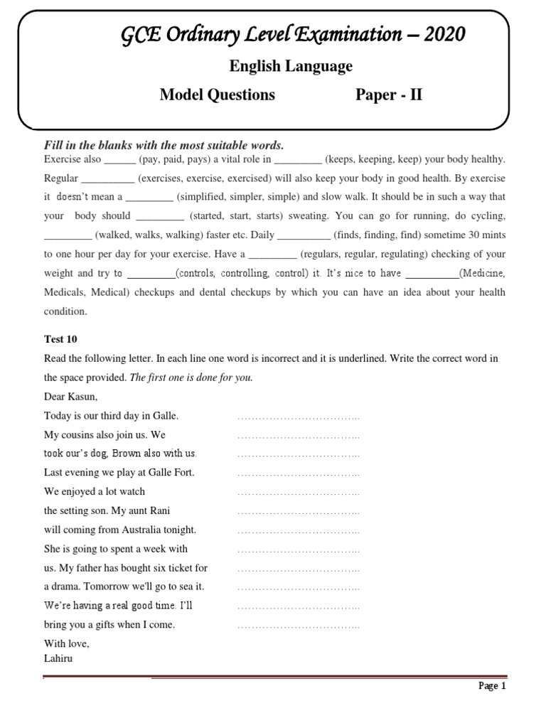 O/L English Language Model Questions | PDF | Physical Examination