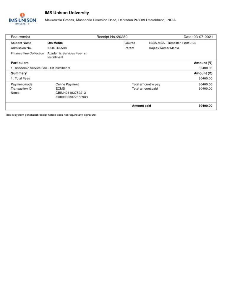 IMS Unison University: Fee Receipt Receipt No.:20280 Date: 03-07-2021 | PDF
