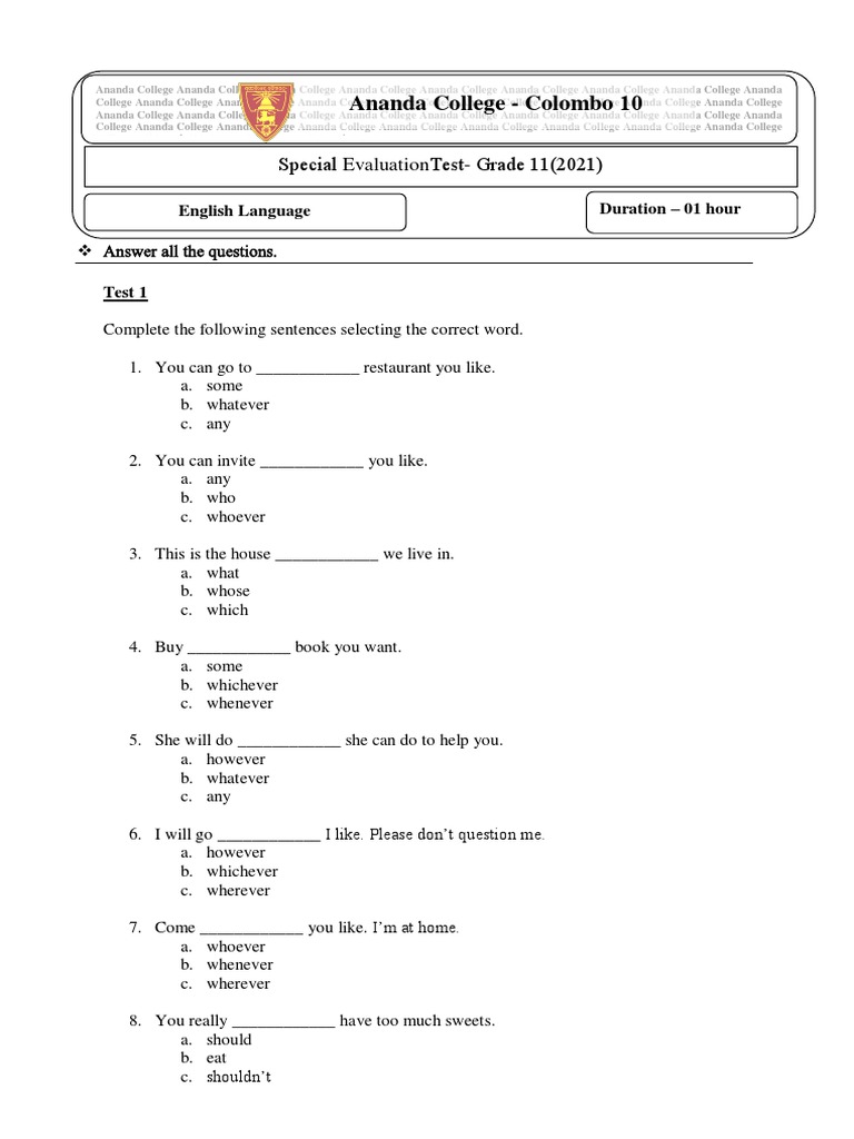 English - Special Evaluation Test - Ananda College | PDF