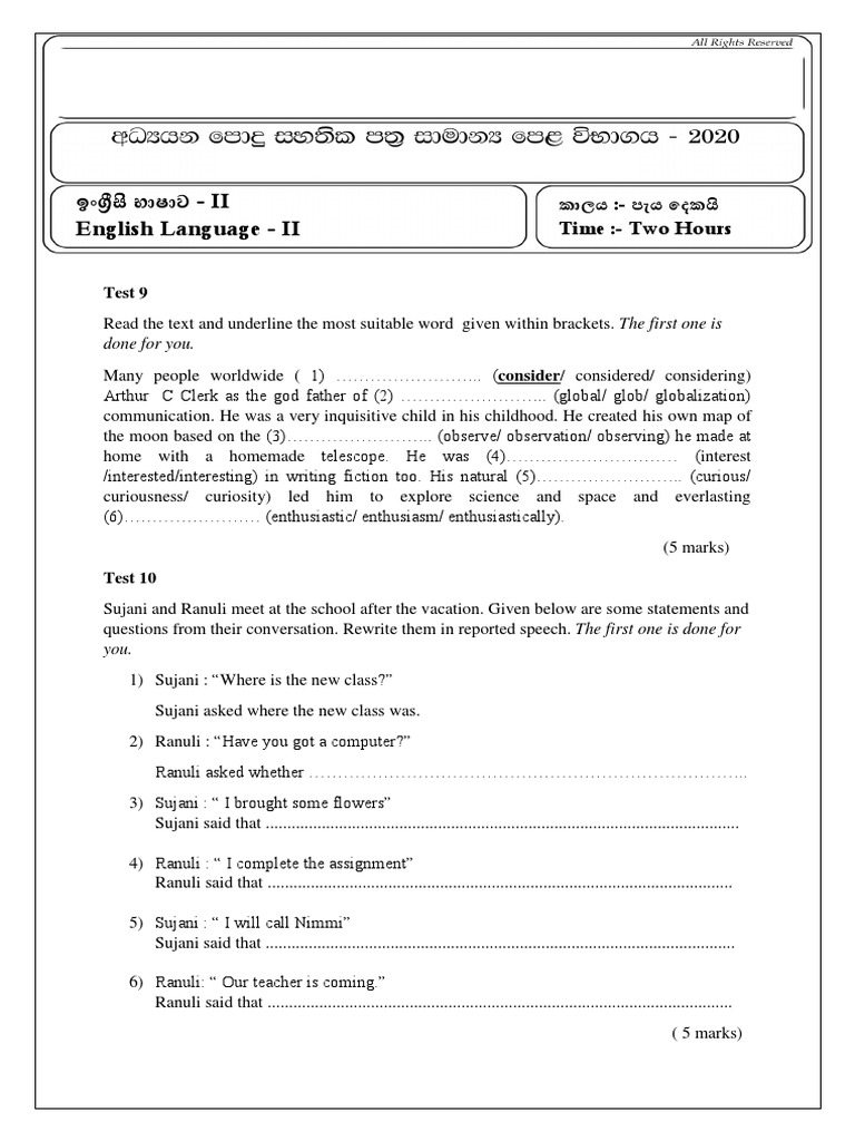 II English Language - II: Test 9 | PDF