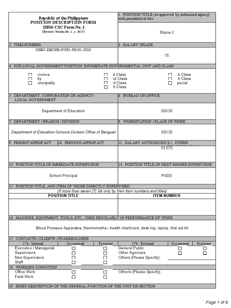 DBM-CSC Form No. 1 Position Description Forms | PDF | Teachers | Nursing