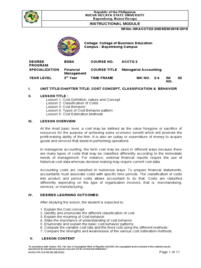 Module 2. Cost Concept, Classification & Behavior | PDF | Inventory ...