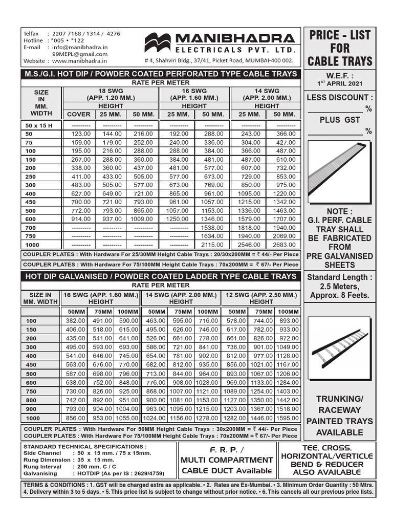 Cable Tray Price List 2021 | PDF | Manufactured Goods | Equipment