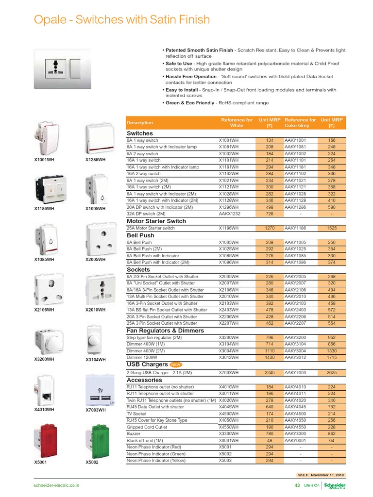 Product Specifications and Pricing for Opale Switches with Satin Finish ...
