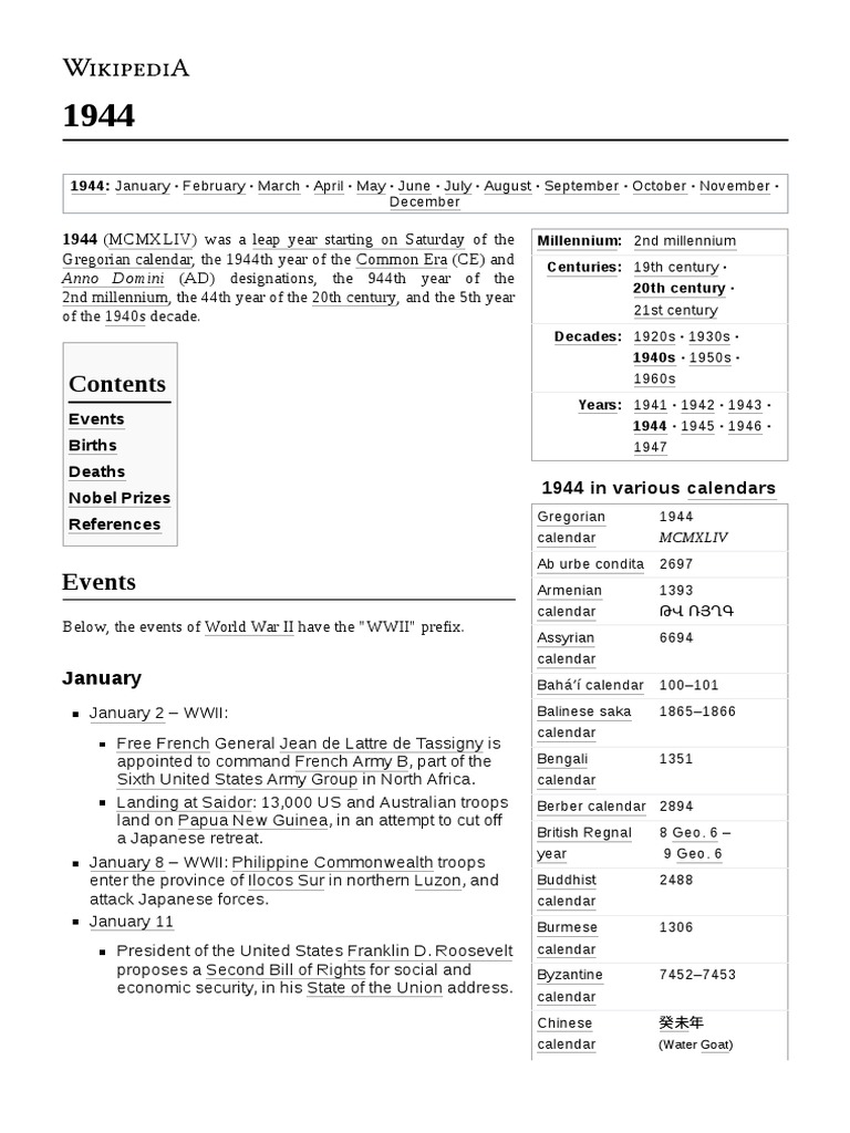 1944 (MCMXLIV) Was A Leap Year Starting On Saturday of The | PDF ...