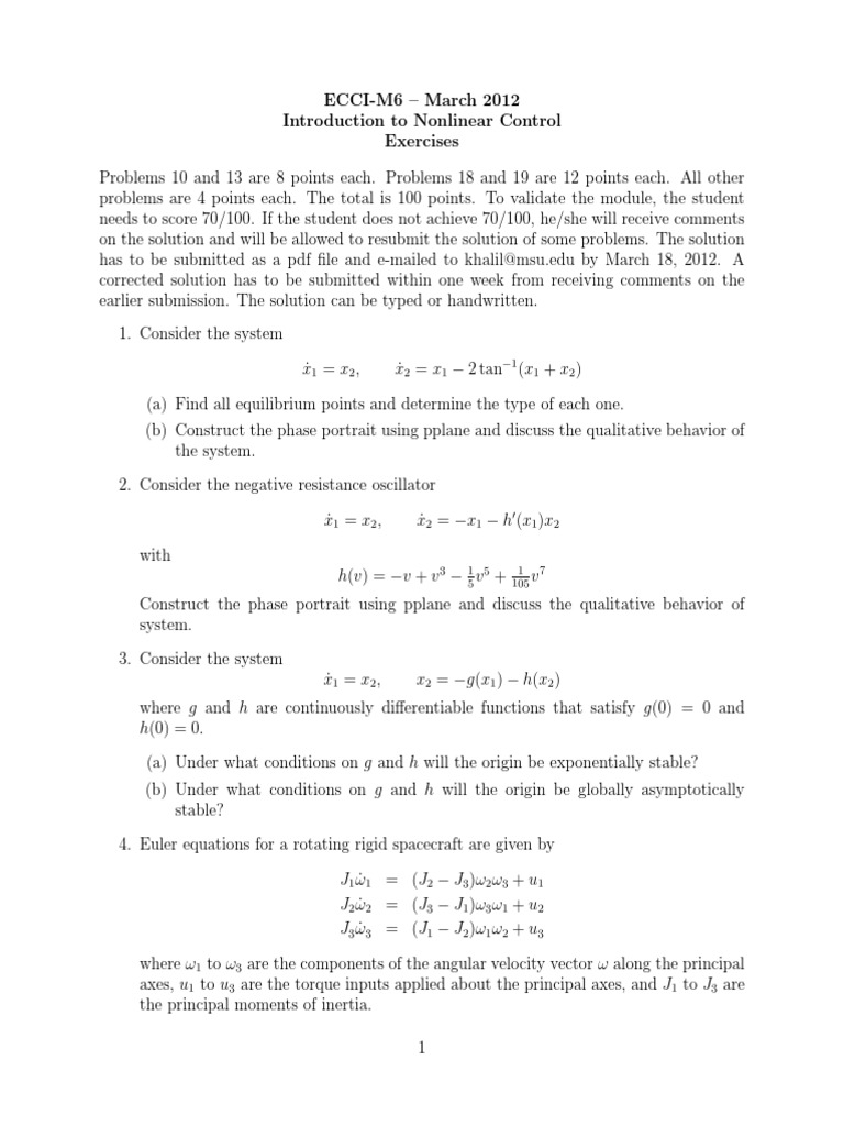 Nonlinear Control Exercises: Exploring Stability, Observability and ... Nonlinear Control Exercises: Exploring Stability, Observability and ...