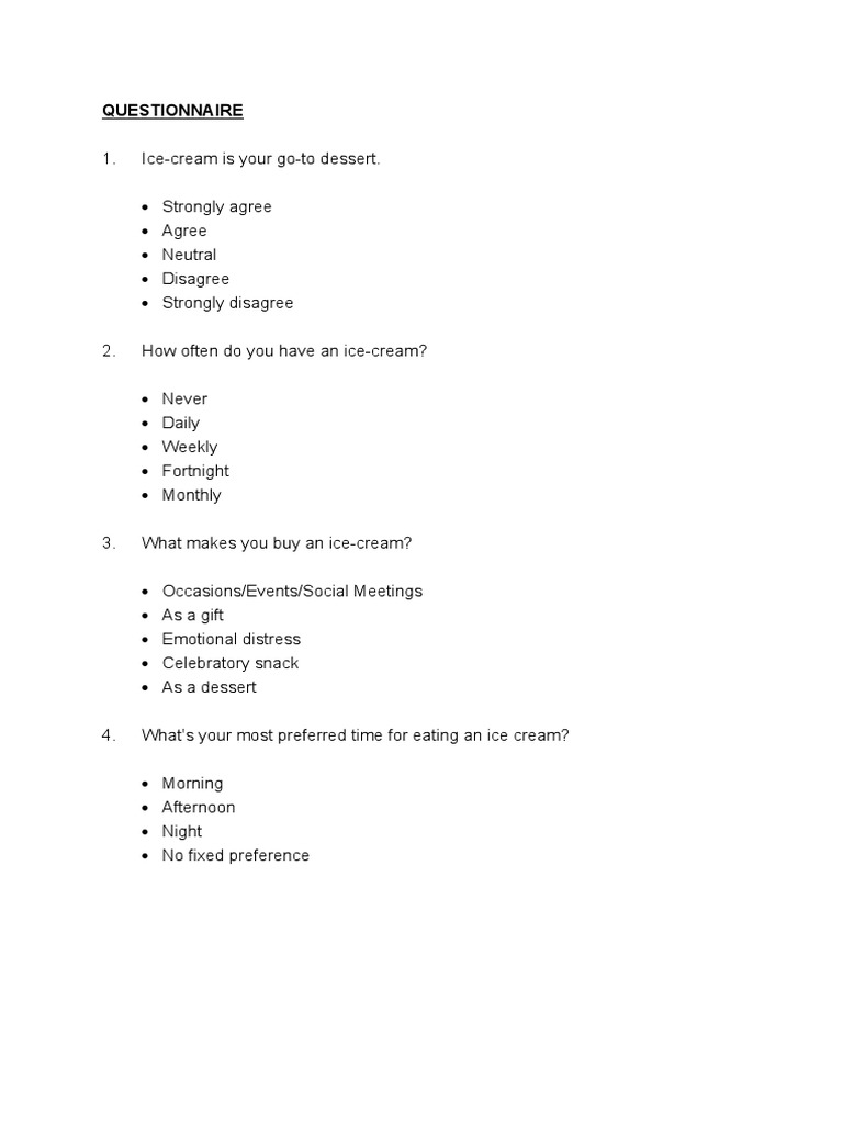 Group 1 - Questionnaire | PDF | Ice Cream | Foods