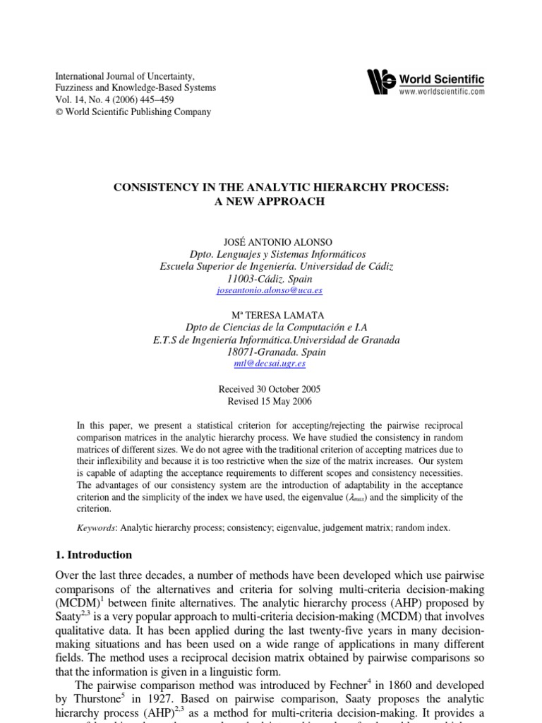 Consistency in The Analytic Hierarchy Process: A New Approach | PDF