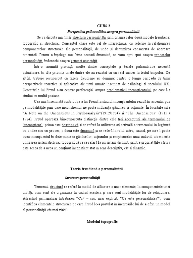Curs 2 Abordarea Psihodinamica A Personalitatii | PDF