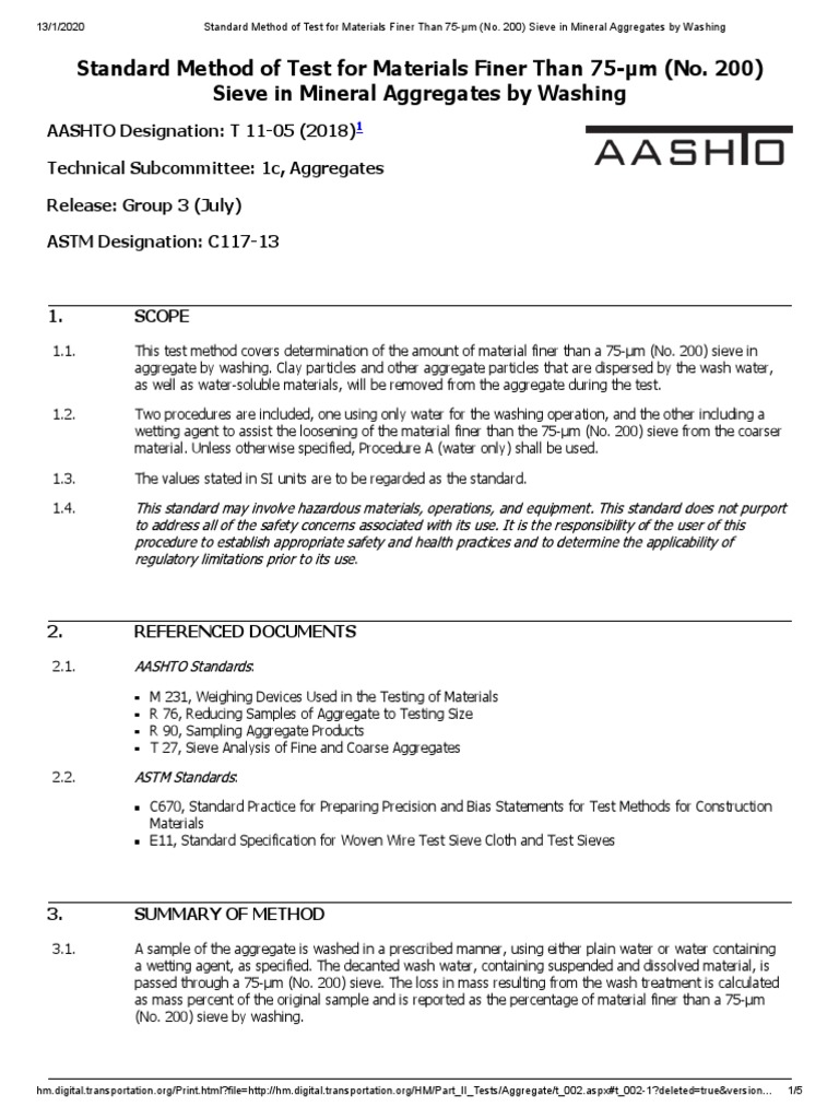 Standard Method of Test for Materials Finer Than 75-μm (No. 200) Sieve ...