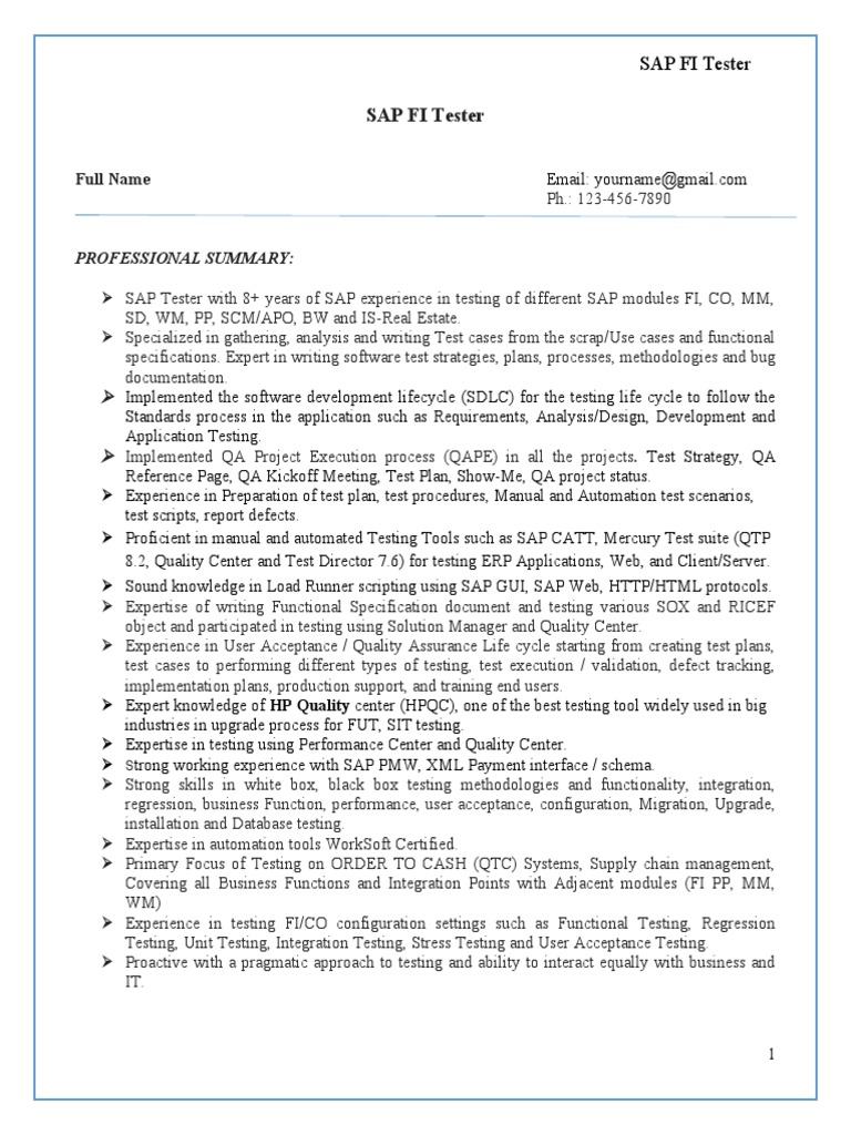 Sap Testing Resume Sample 002 Pdf Software Testing Software Development Process