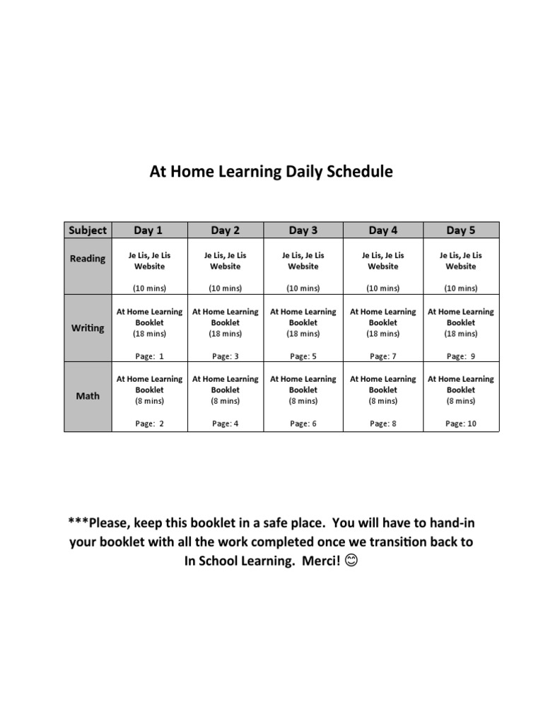 At Home Learning Schedule For Work Booklet | PDF | Home & Garden