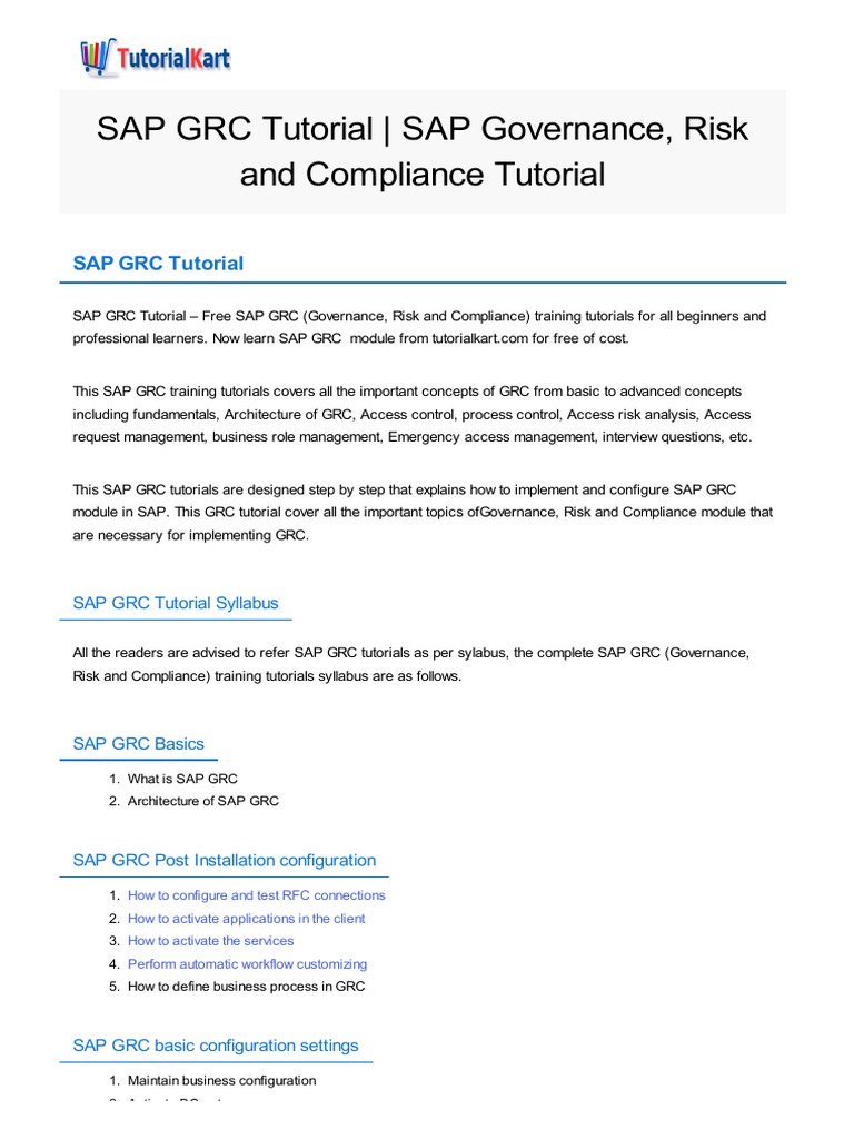 SAP GRC Tutorial - SAP Governance, Risk and Compliance Tutorial | PDF ... SAP GRC Tutorial - SAP Governance, Risk and Compliance Tutorial | PDF ...