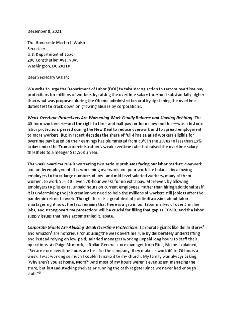 FINAL Sign-On Letter On Bolder USDOL Overtime Rule | PDF | Overtime ...