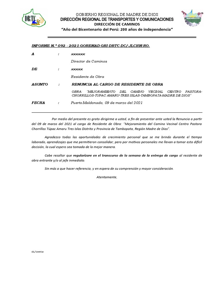 Informe Modelo de Renuncia Cargo Residente | PDF