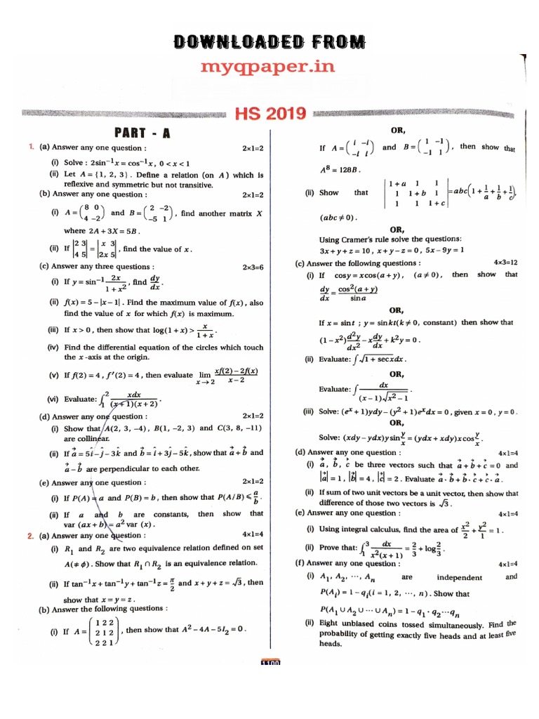 Higher Secondary Mathematics Question Paper 2019 | PDF