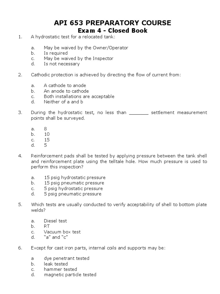 Api 653 Preparatory Course: Exam 4 - Closed Book | PDF | Fracture | Cathode