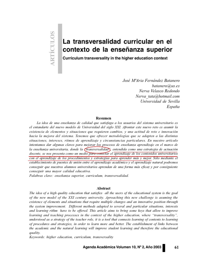 Fernández, J. y Velasco, N. (2003) La Transversalidad Curricular en El Contexto de La Enseñanza ...