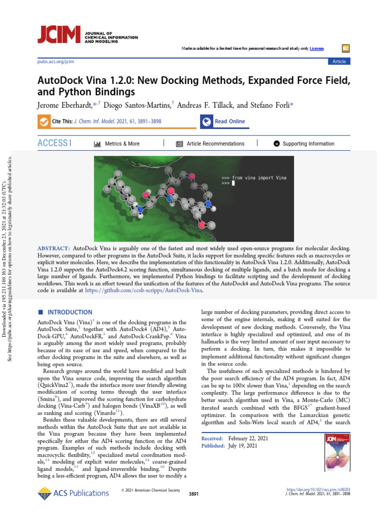 Autodock Vina 1.2.0: New Docking Methods, Expanded Force Field, and ...