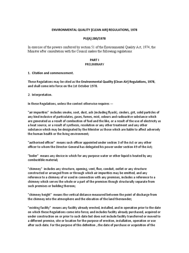 Environmental Quality (Clean Air) Regulations, 1978 PU (A) 280/1978 ...