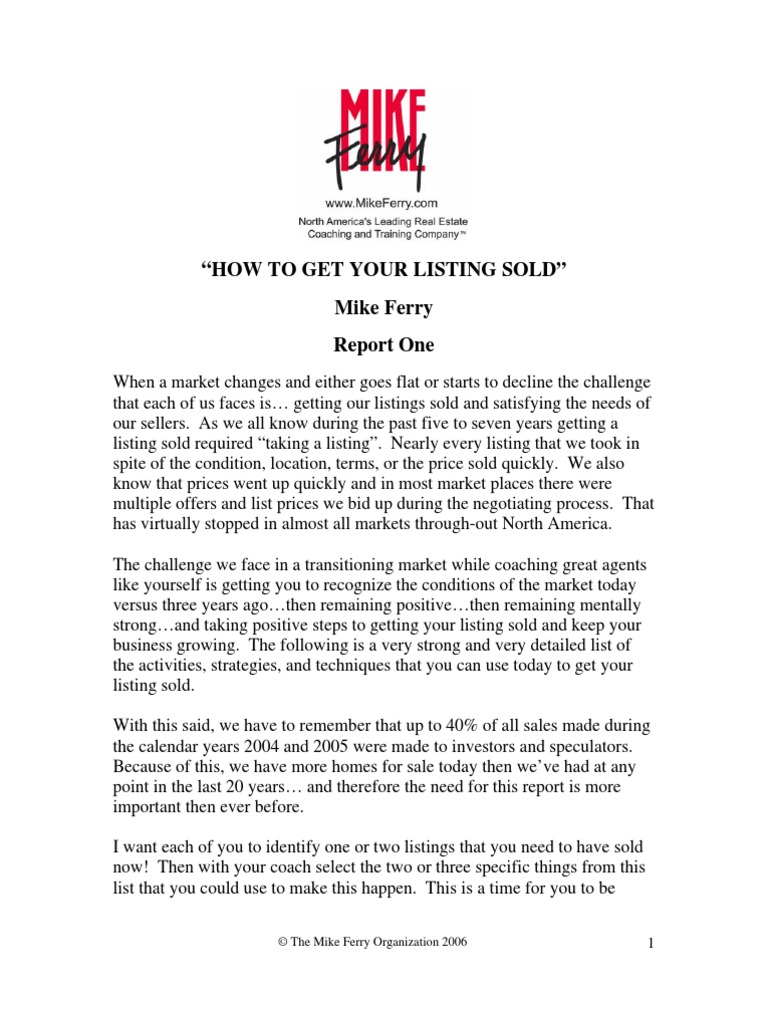 “How To Get Your Listing Sold” Mike Ferry Report One