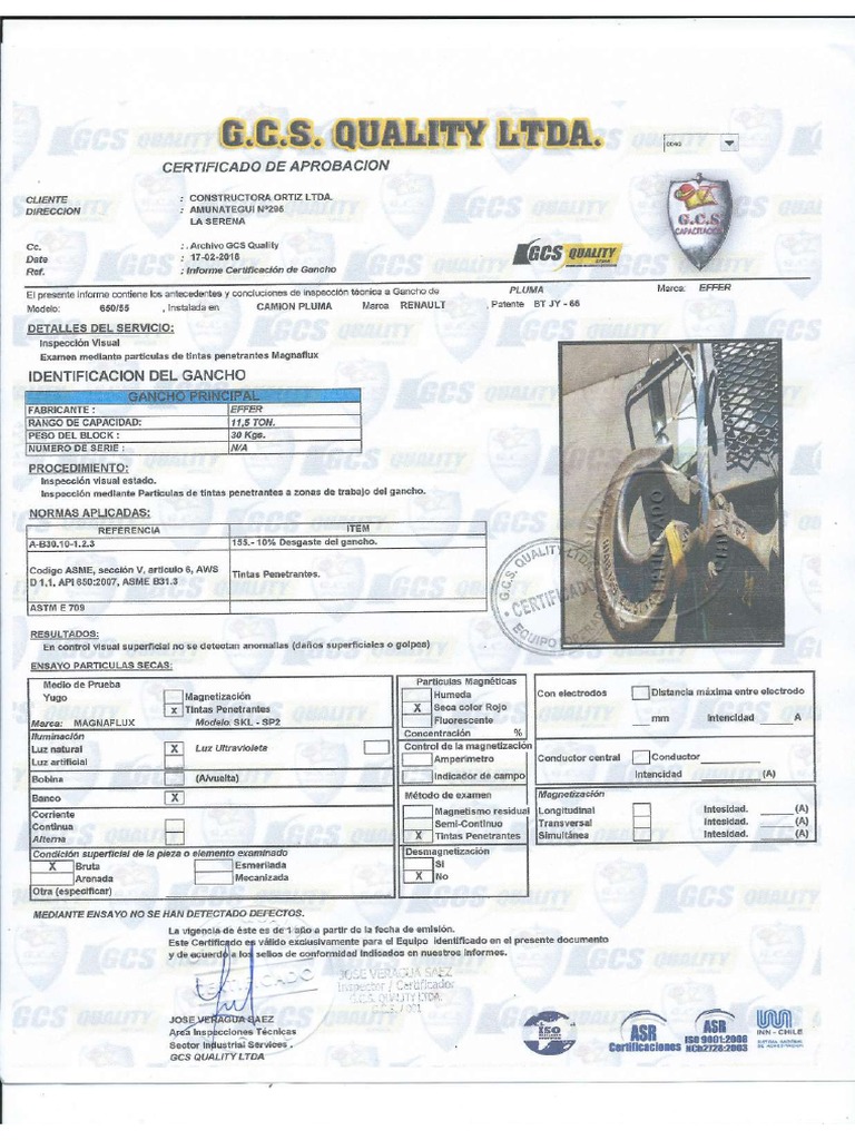 Certificación Gancho Grúa Effer 655 Fb. 2018 | PDF