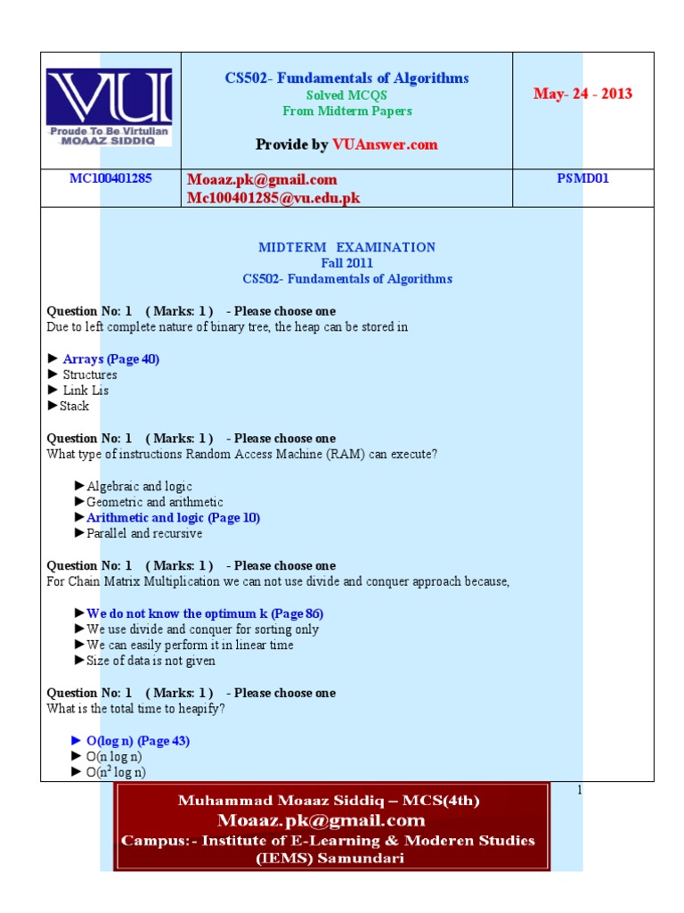 CS502 Midterm Solved Mcqs With References by Moaaz | PDF | Time Complexity | Teaching Mathematics