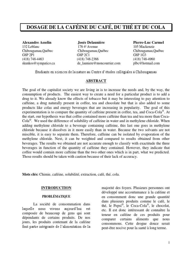 ASP 2001 - CECC - Dosage de La Cafeine Du Cafe Du The Et Du Cola | PDF ...