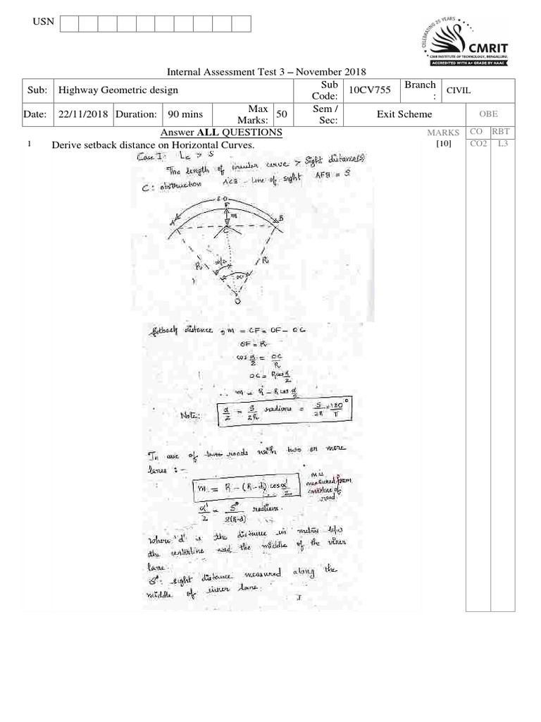 IAT-III Question Paper With Solution of 10CV755 Highway Geometric Design Nov-2018-Sherrin Joseph ...