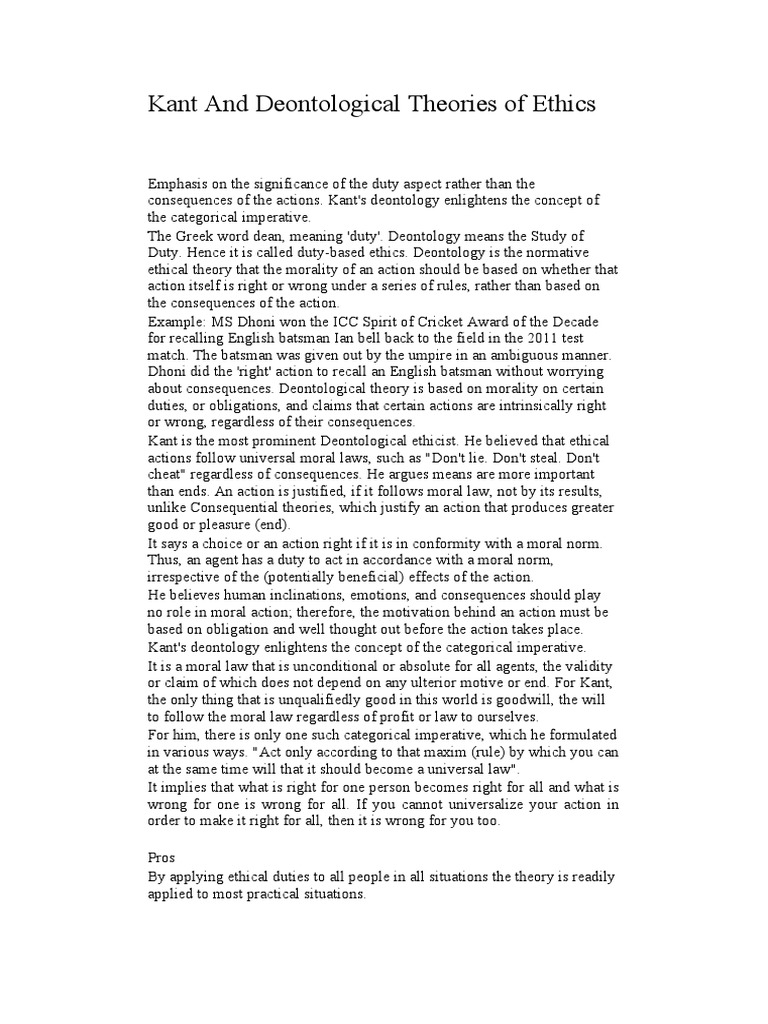 Kant and Deontological Theories of Ethics | PDF | Ethical Theories ...