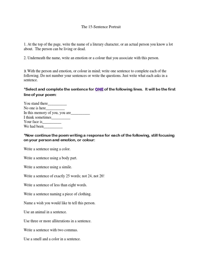 The 15 Sentence Portrait Poem | PDF | Poetry