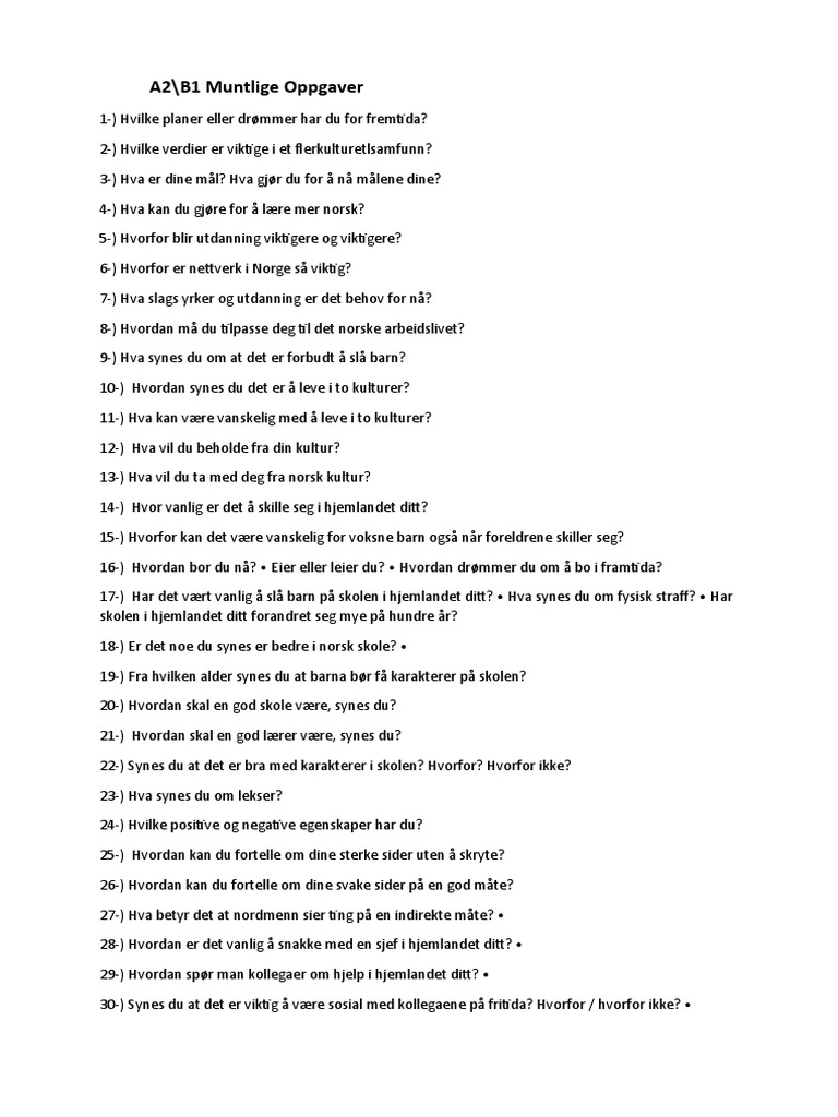 A2/B1 Muntlige Oppgaver | PDF