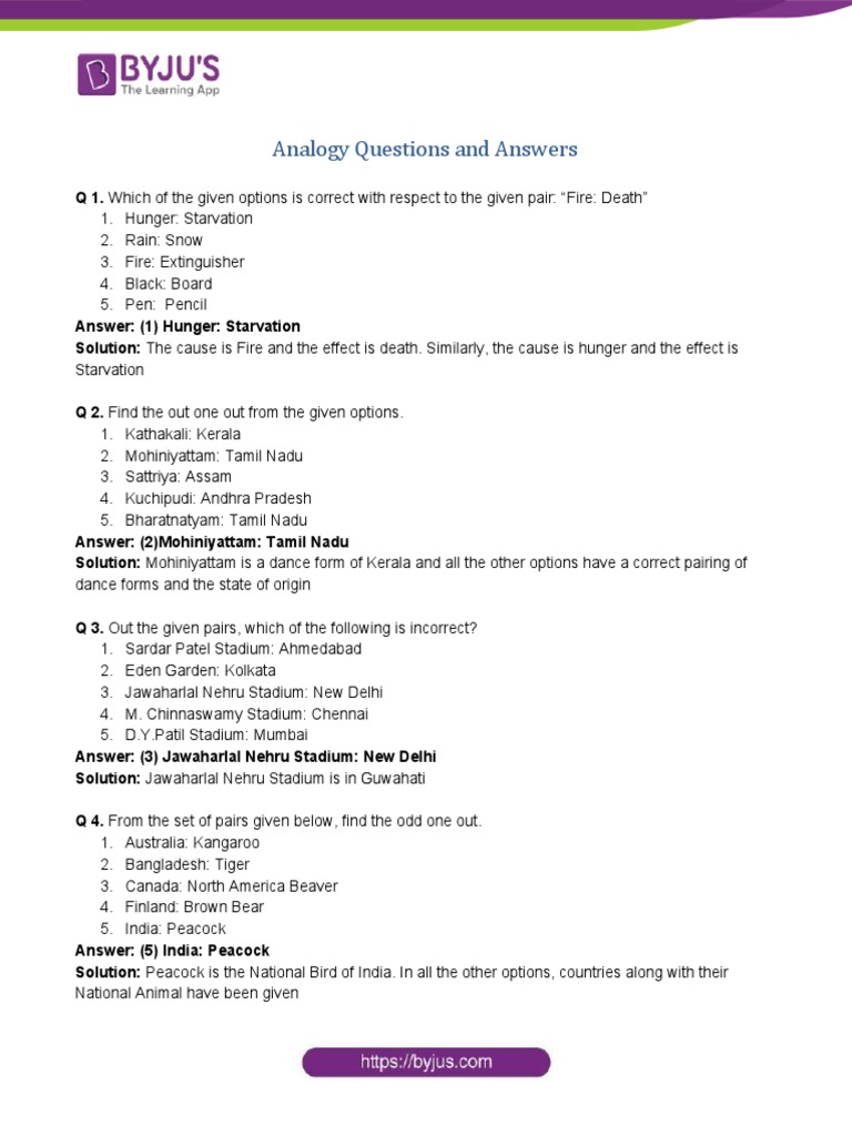 Analogy Questions and Answers | PDF