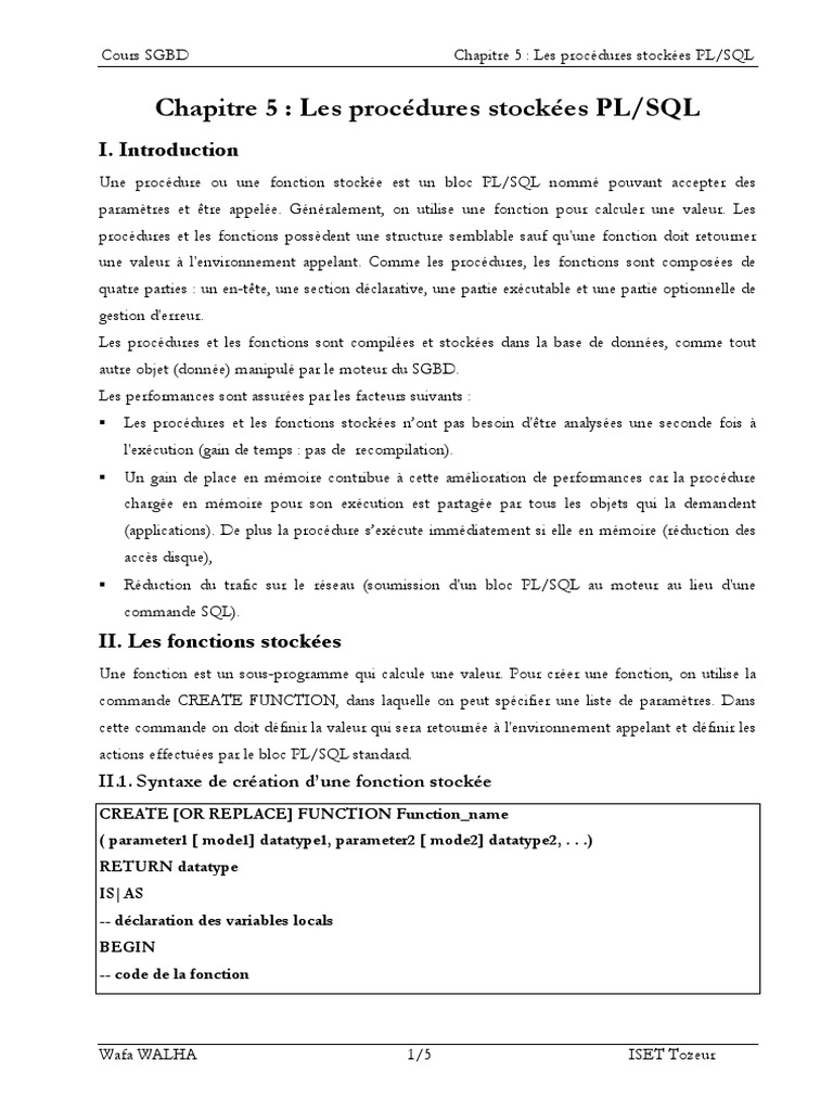 2015 04 25 Chapitre 5 Les Procedures Stockees PL-SQL | PDF | PL/SQL | Programmation informatique