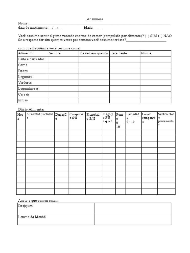 Anamnese para Compulsão Alimentar | PDF | Alimentos | Transtorno ...