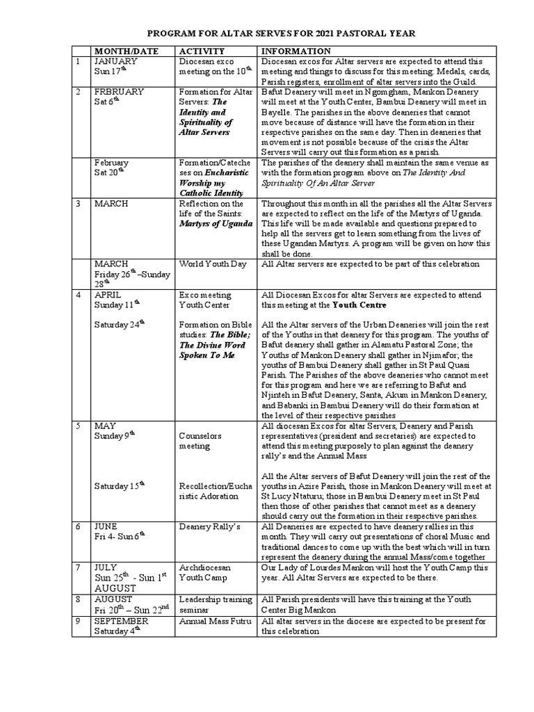 2021 Altar Server Program Schedule | PDF | Altar | Religious Behaviour ...